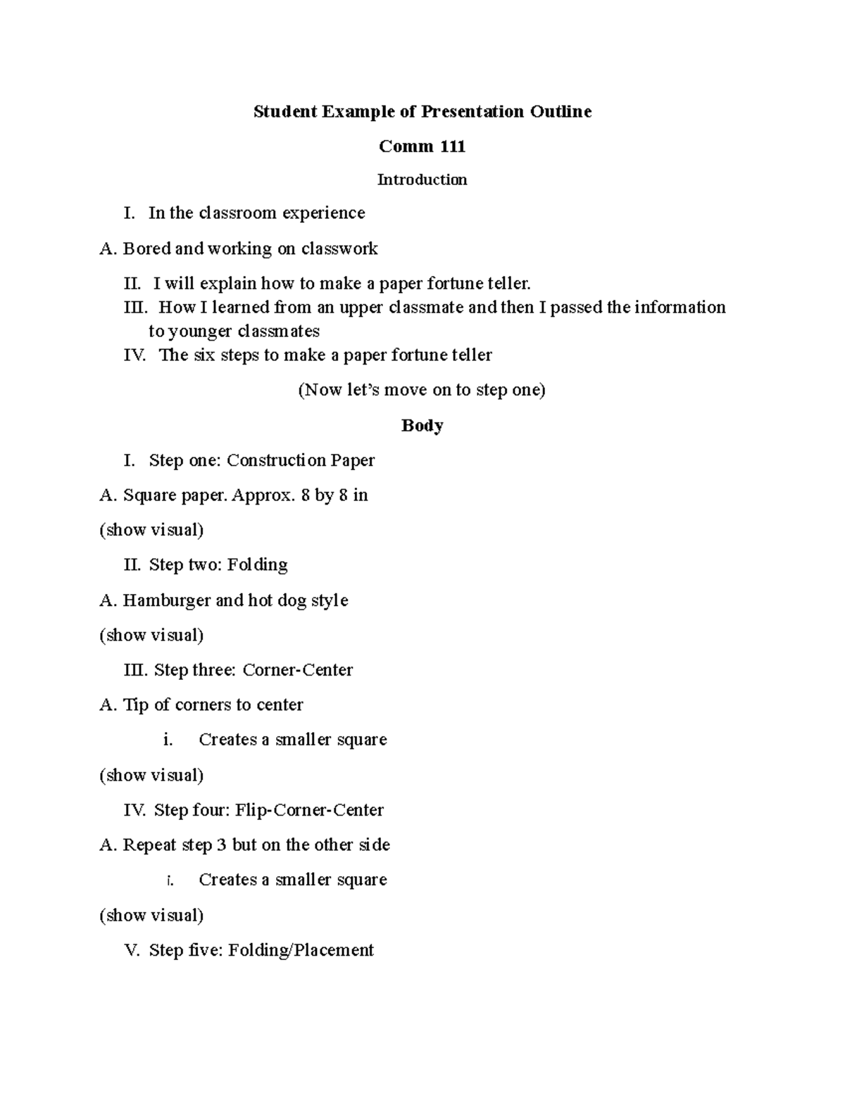 Fortune Teller Outline - Student Example of Presentation Outline Comm ...