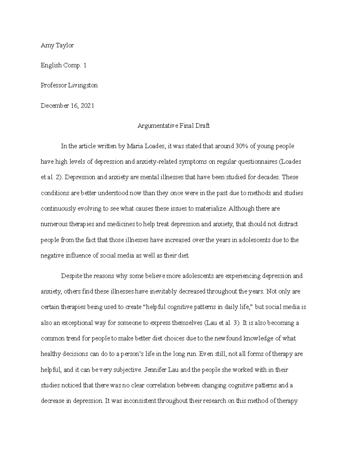 Argumentative Paper Final Draft - Amy Taylor English Comp. 1 Professor ...