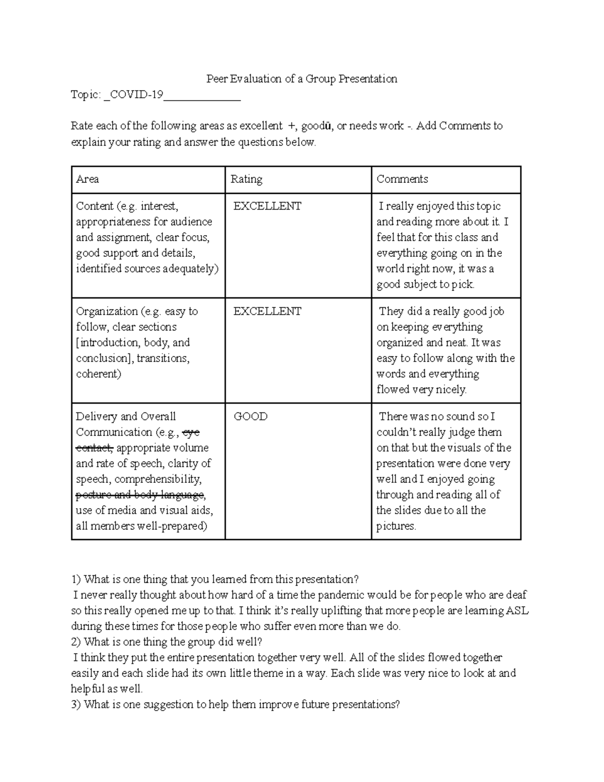 Peer Evaluation of a Group Presentation - Add Comments to explain your ...