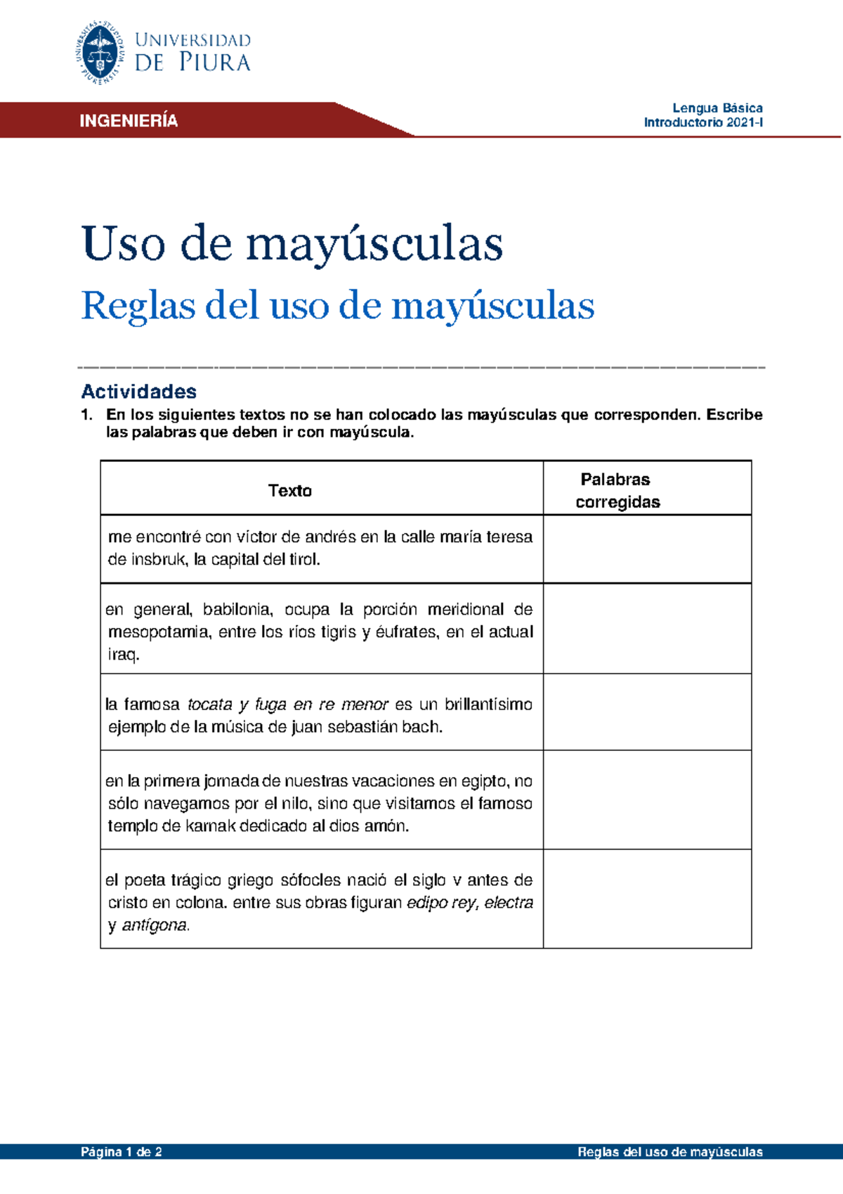 Ejercicios. Uso de mayúsculas - Lengua Básica Introductorio 2021 - I ...