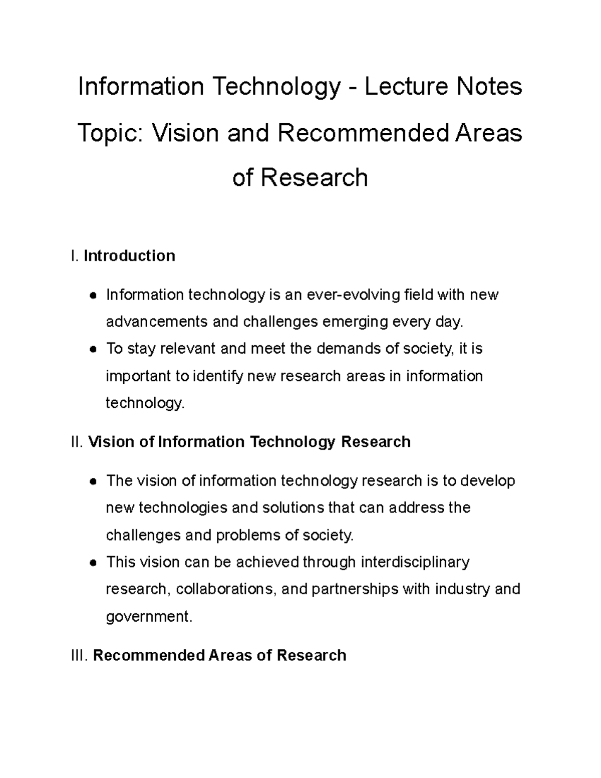 Vision and Recommended Areas of Research - Introduction Information ...