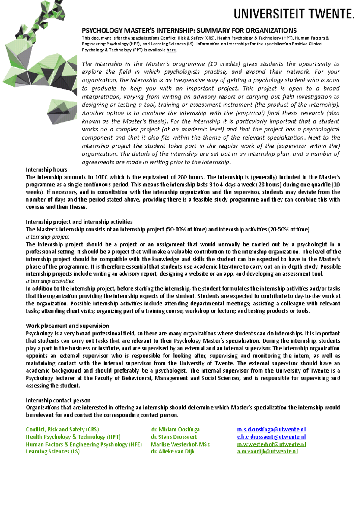 Internship summary - PSYCHOLOGY MASTER’S INTERNSHIP: SUMMARY FOR ...