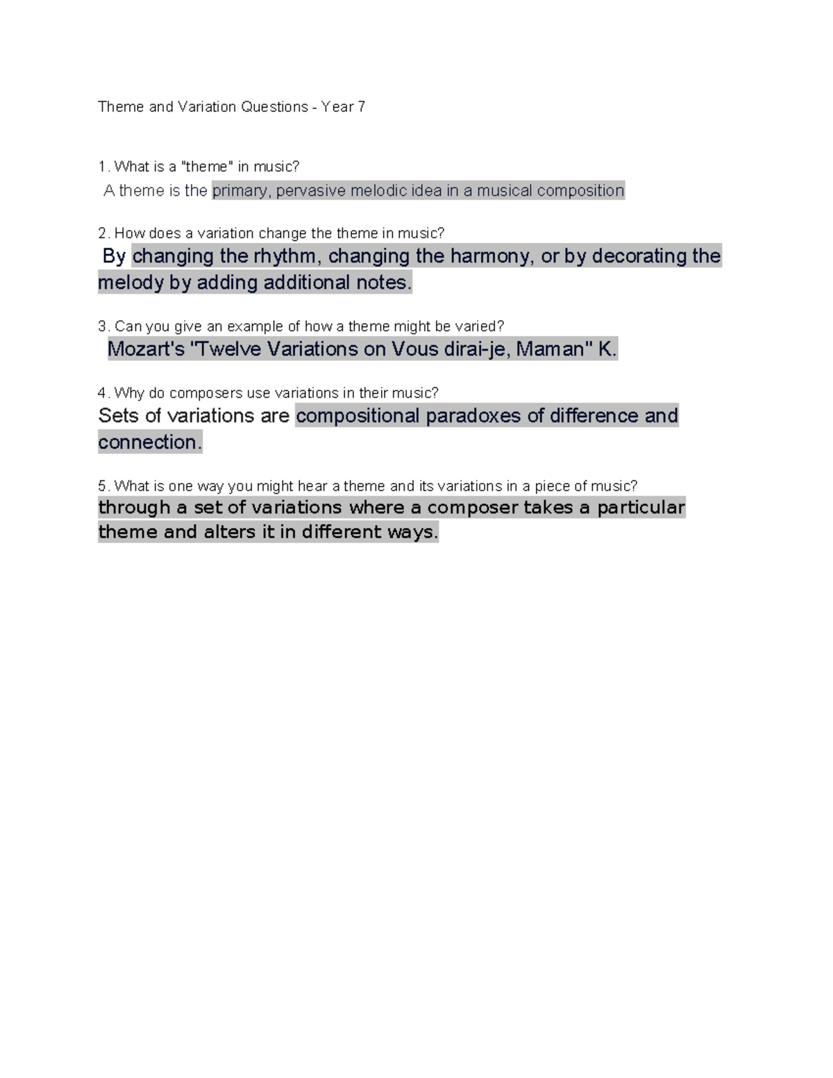Theme and Variation Questions - Year 7 - What is a "theme" in music? A ...