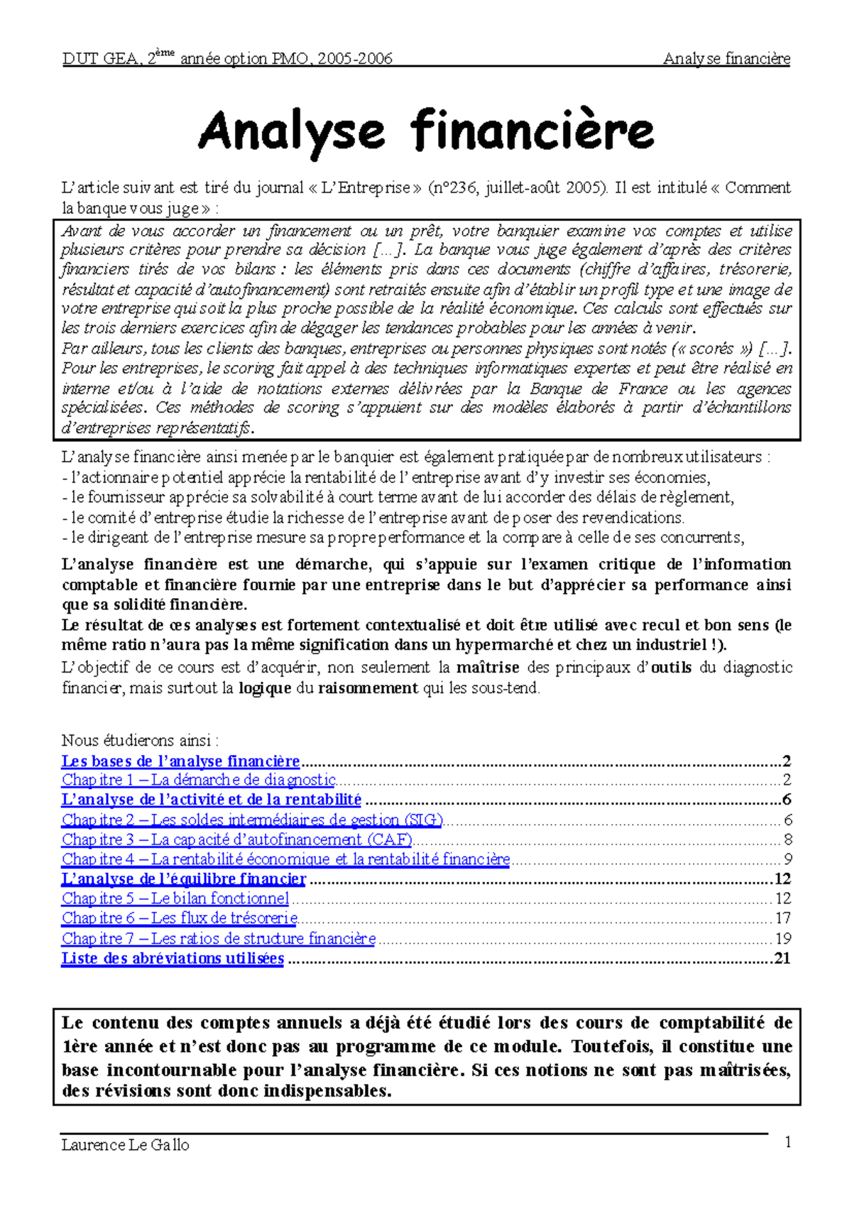 Cours analyse financière - Analyse financière L’article suivant est ...
