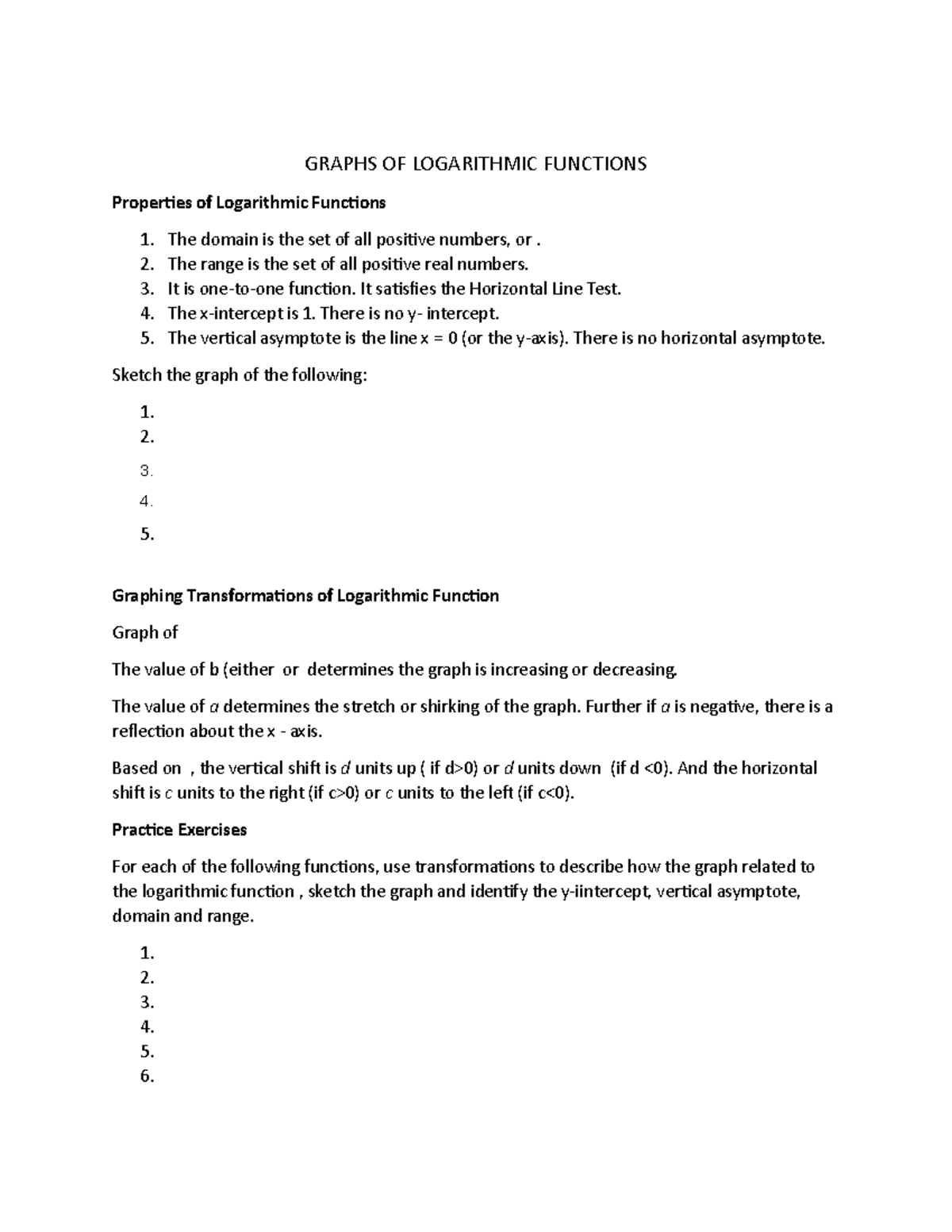 Graphs Of Logarithmic Functions Graphs Of Logarithmic Functions