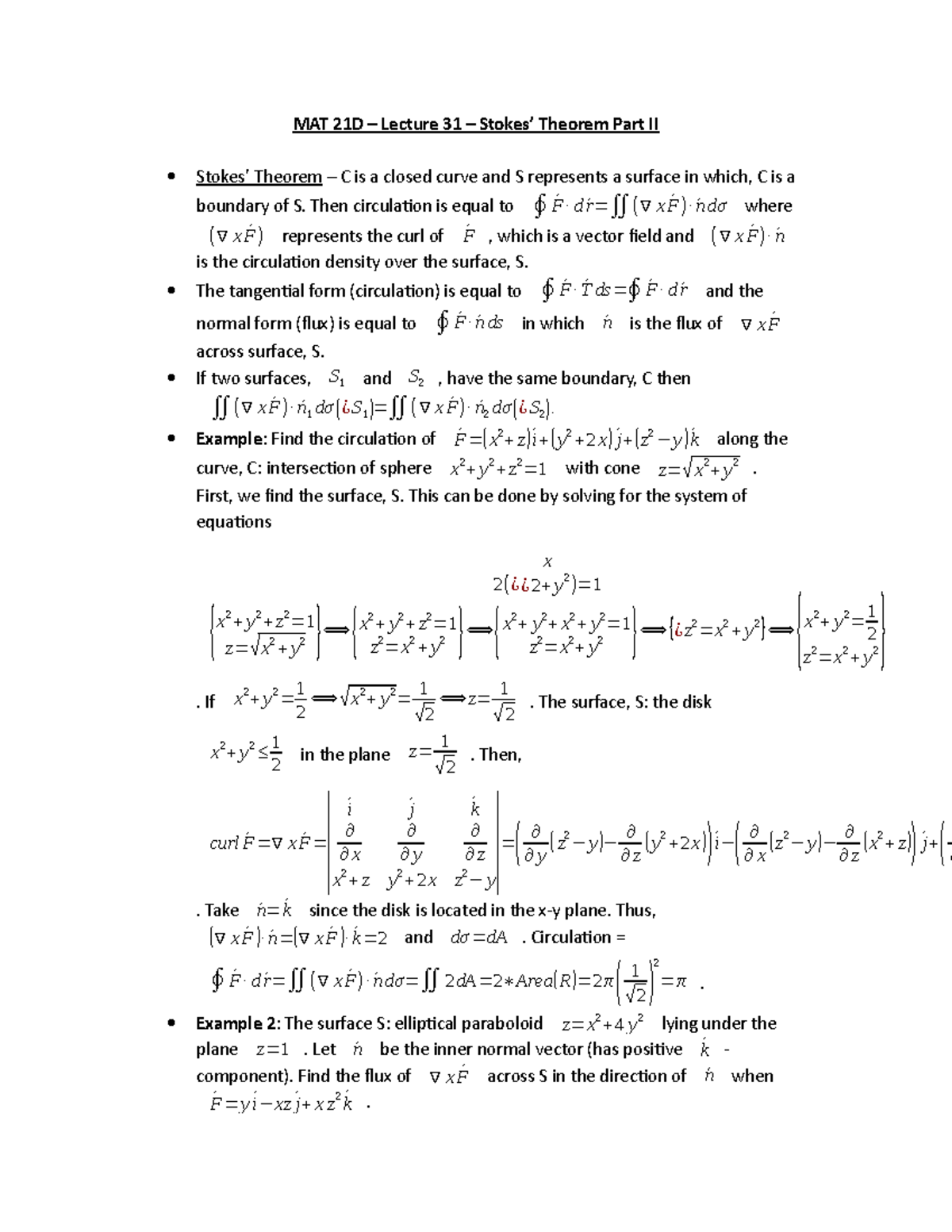MAT 21D – Lecture 31 – Stokes’ Theorem Part II - MAT 21D – Lecture 31 – Stokes’ Theorem Part II ...