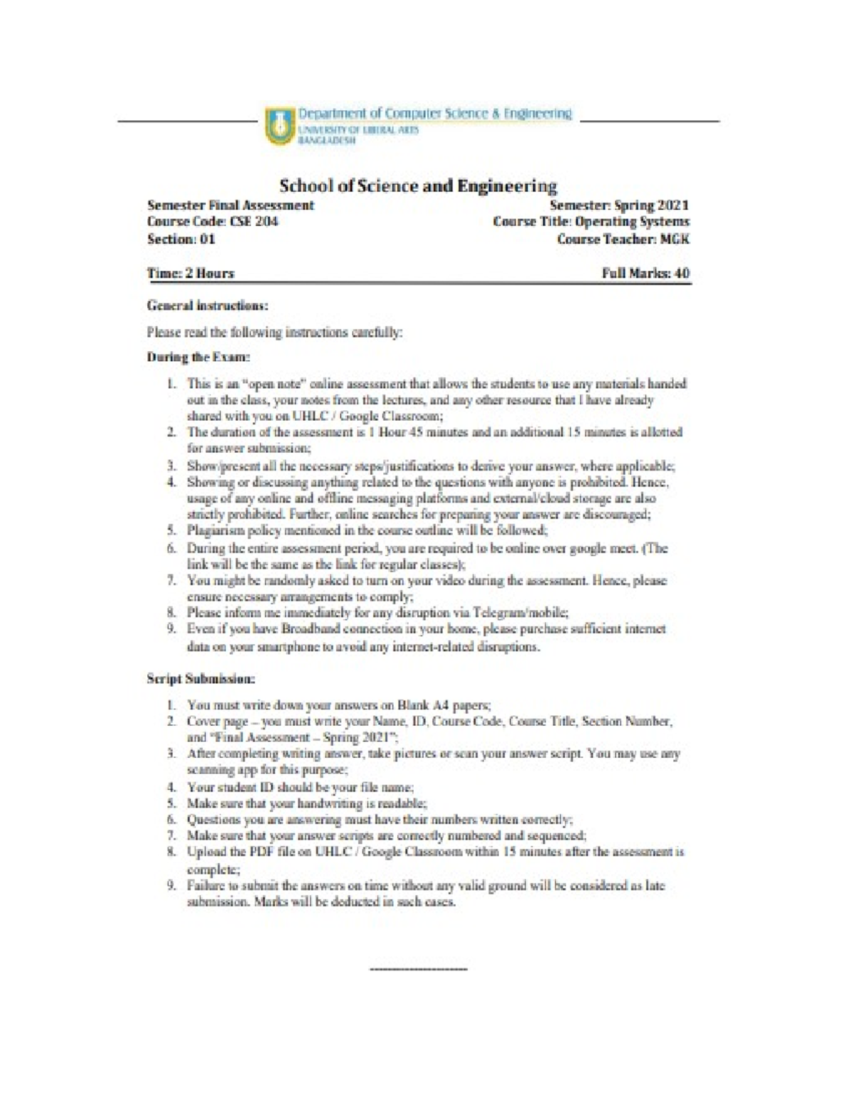 Final Spring 21 - ... - Operating Systems - Studocu