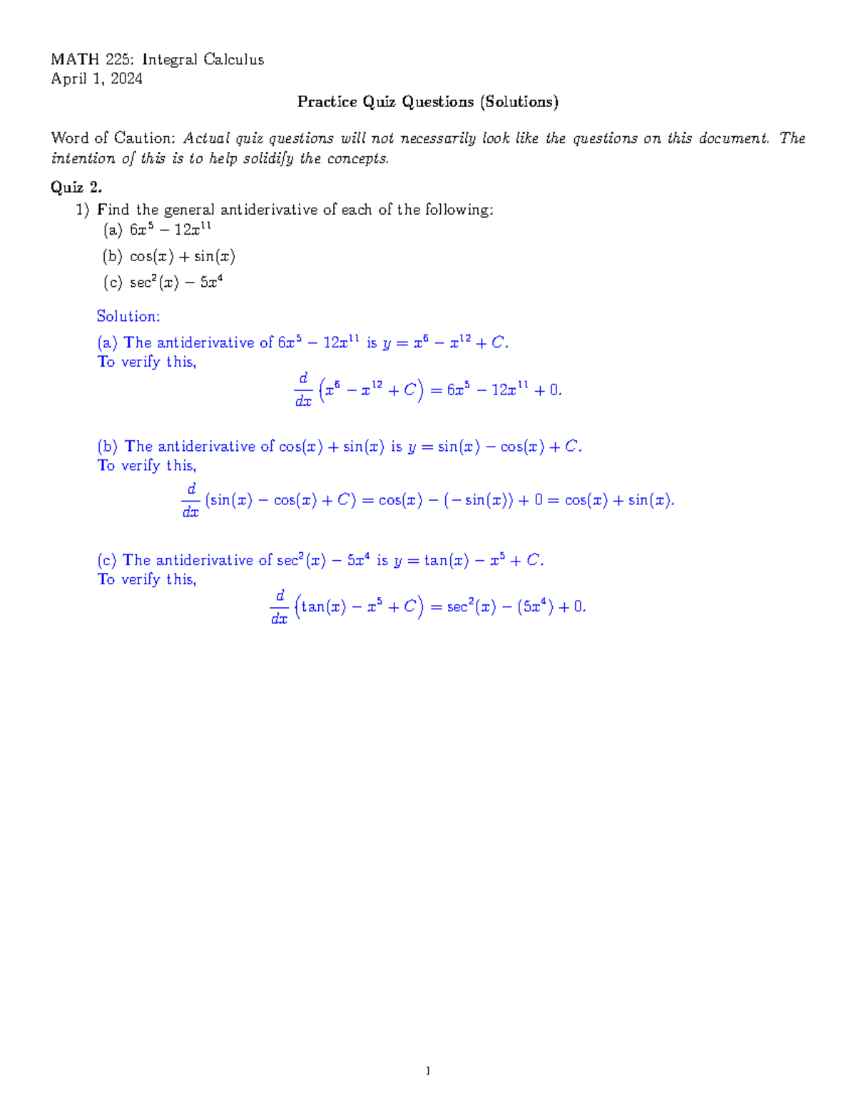 225 Practice Questions for Quiz 2 Solutions - MATH 225: Integral ...