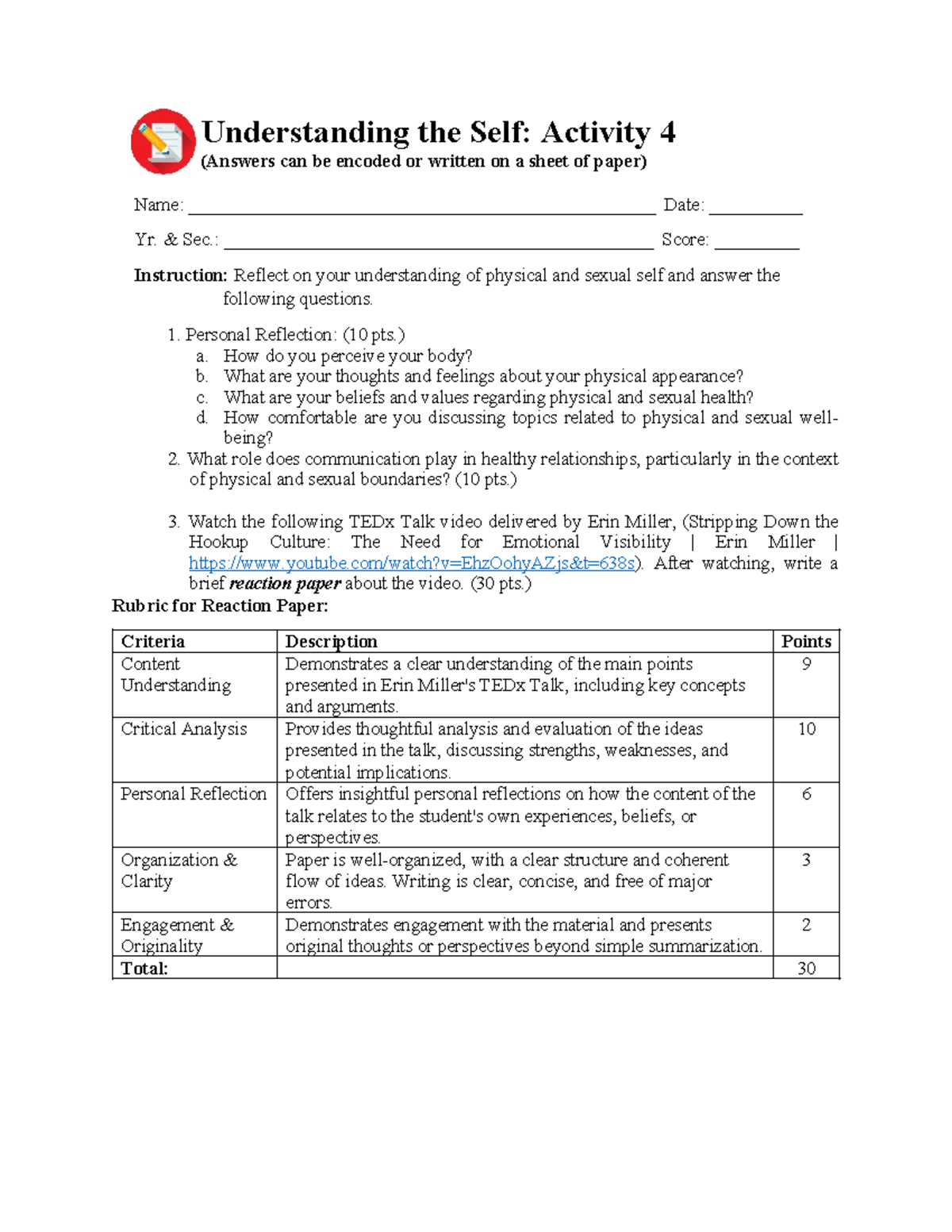 Activity-4 - Understanding the Self: Activity 4 (Answers can be encoded ...