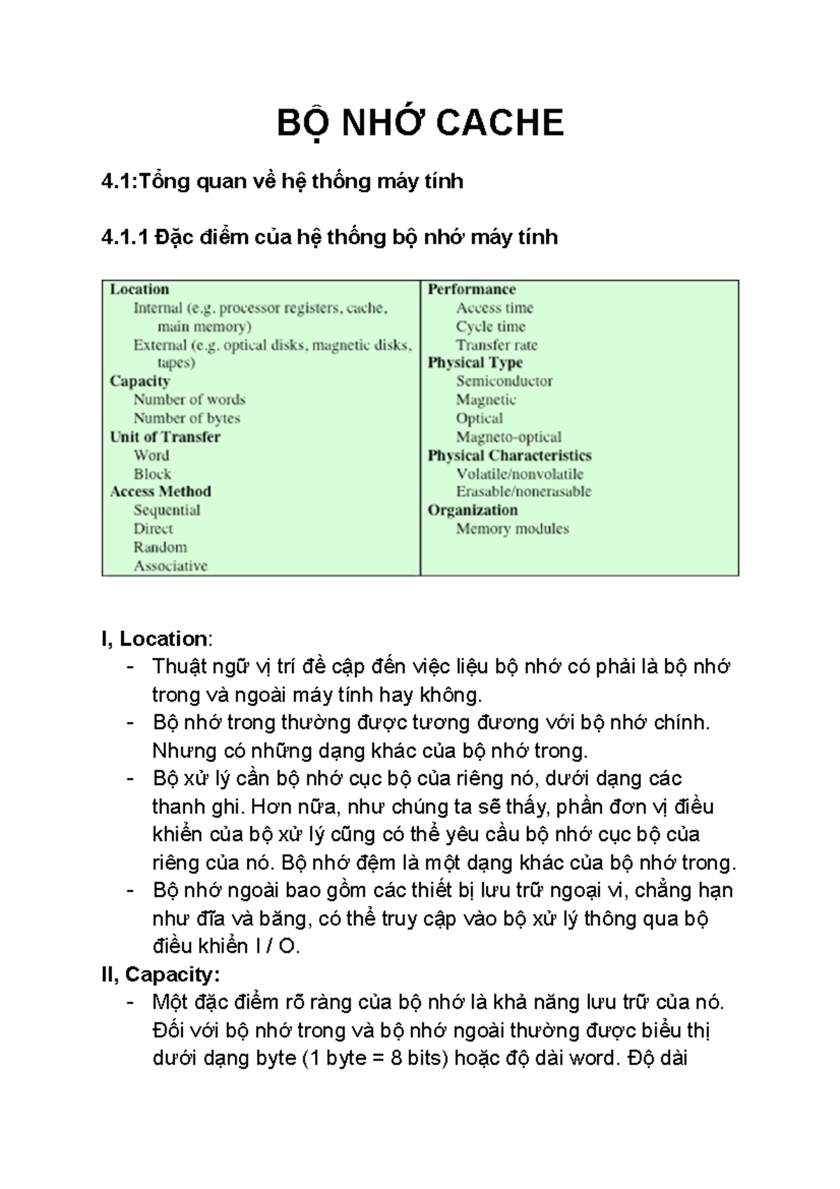 Cache memory - BỘ NHỚ CACHE 4:Tổng quan về hệ thống máy tính 4.1 Đặc ...