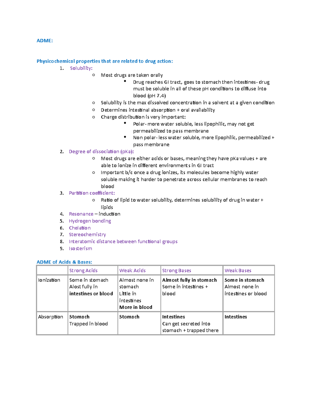 ADME lecture notes - ADME: Physicochemical properties that are related ...