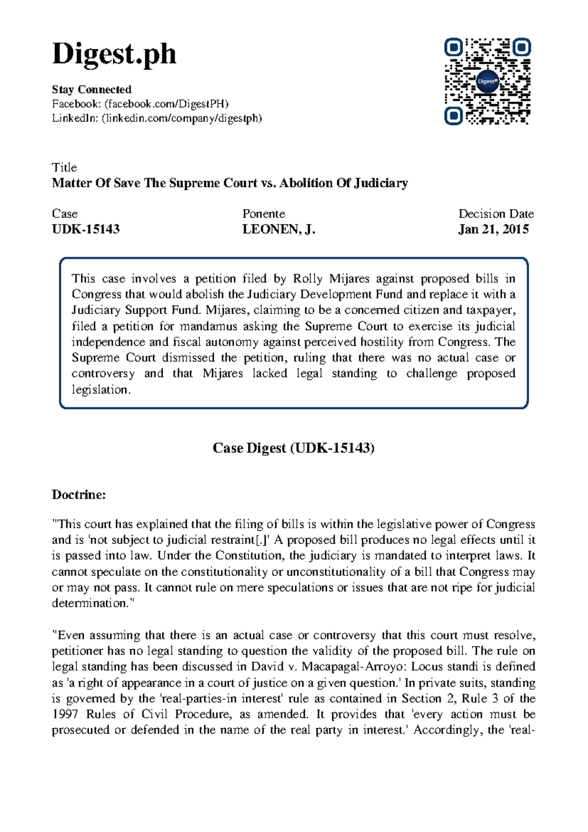 J1 - Case digest - Title Matter Of Save The Supreme Court vs. Abolition ...