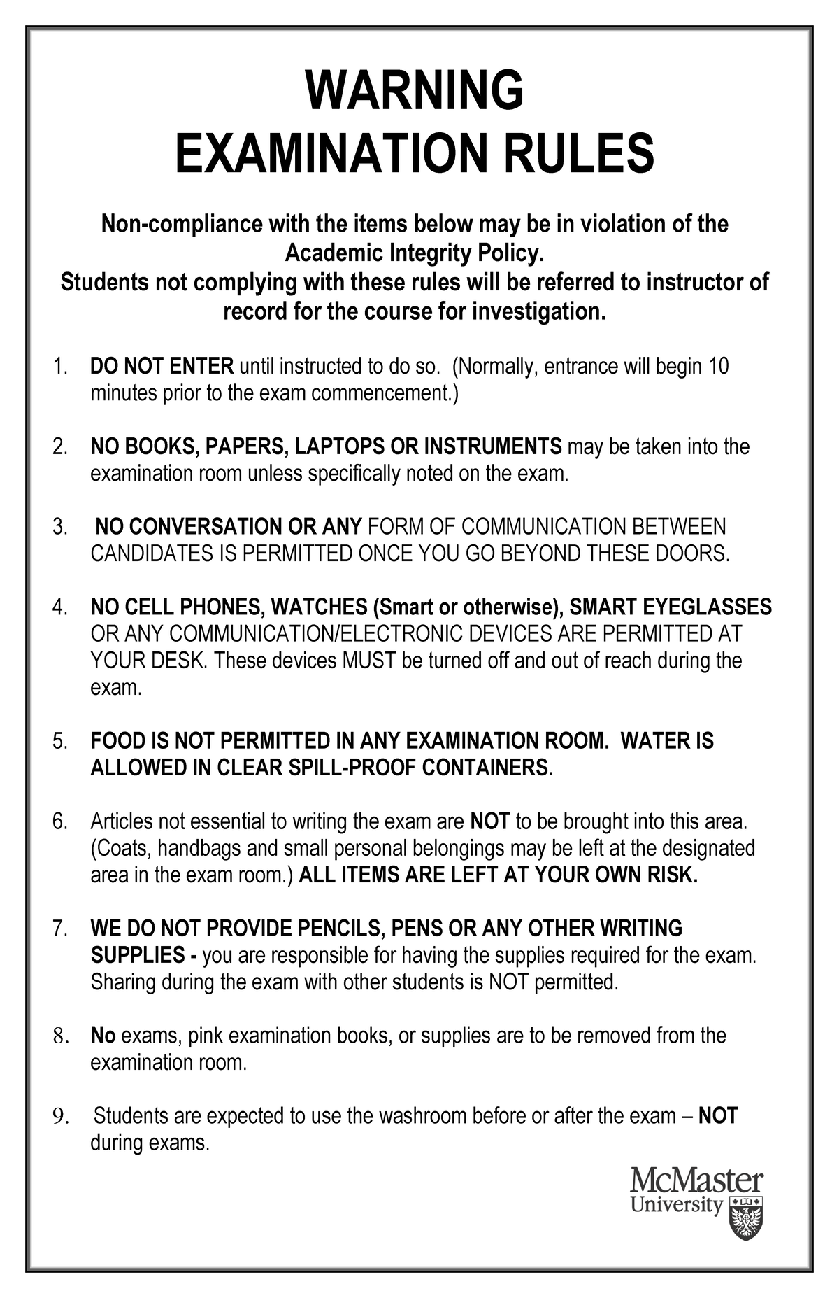 EXAM Rules changes mar 8b - WARNING EXAMINATION RULES Non-compliance ...