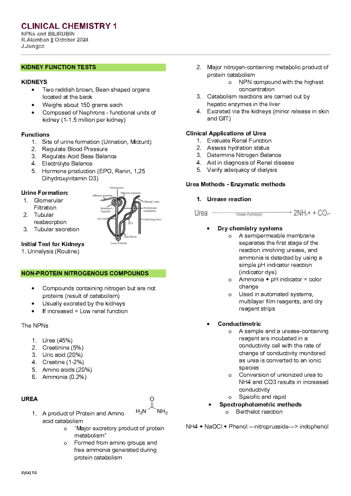 CC1 LAB semis NPNs and Bilirubin - CLINICAL CHEMISTRY 1 NPNs and BILIRUBIN R || October 2024 J ...