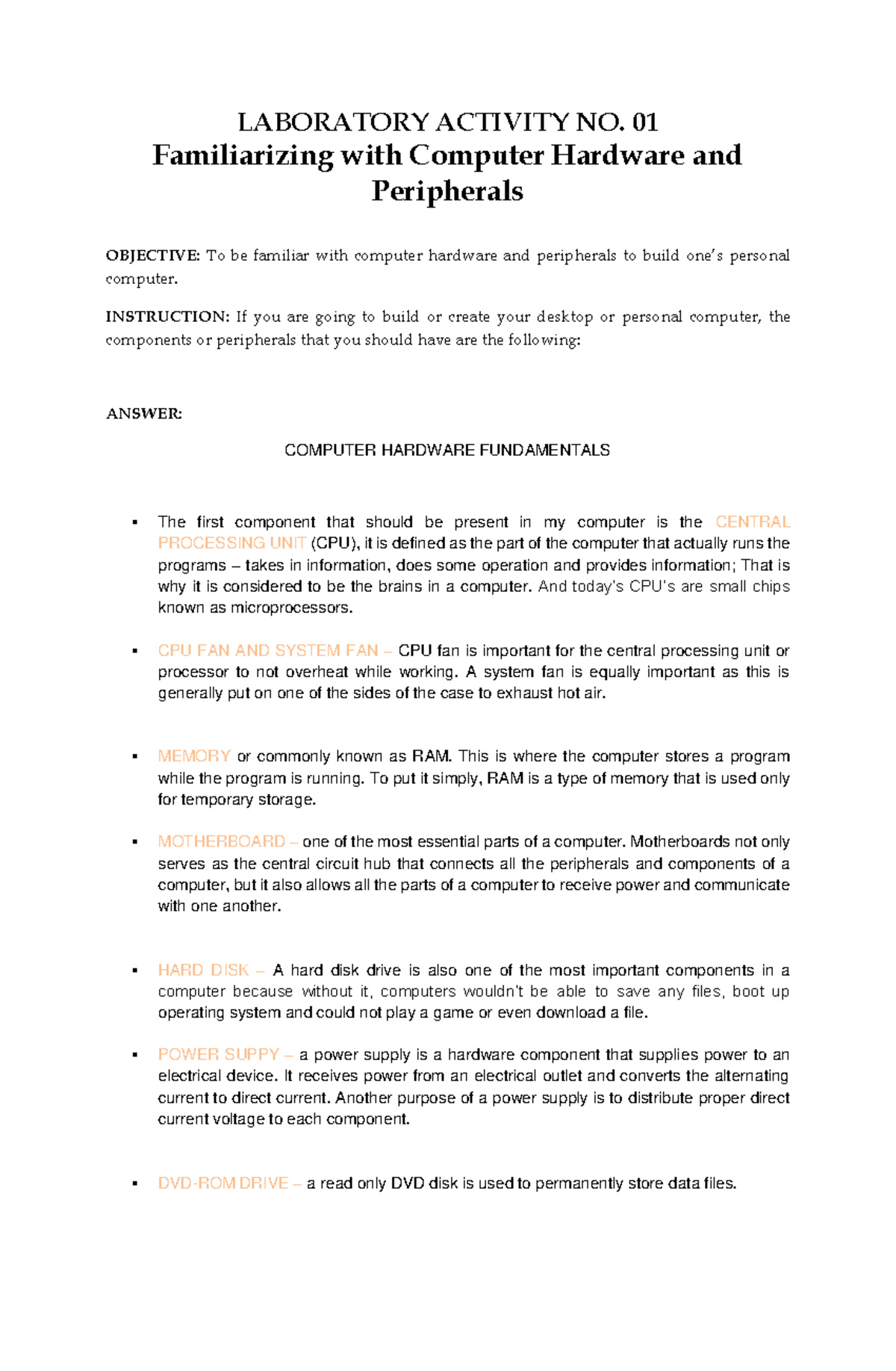 computer hardware peripherals - Computer Fundamentals and Programming - PangSU - Studocu