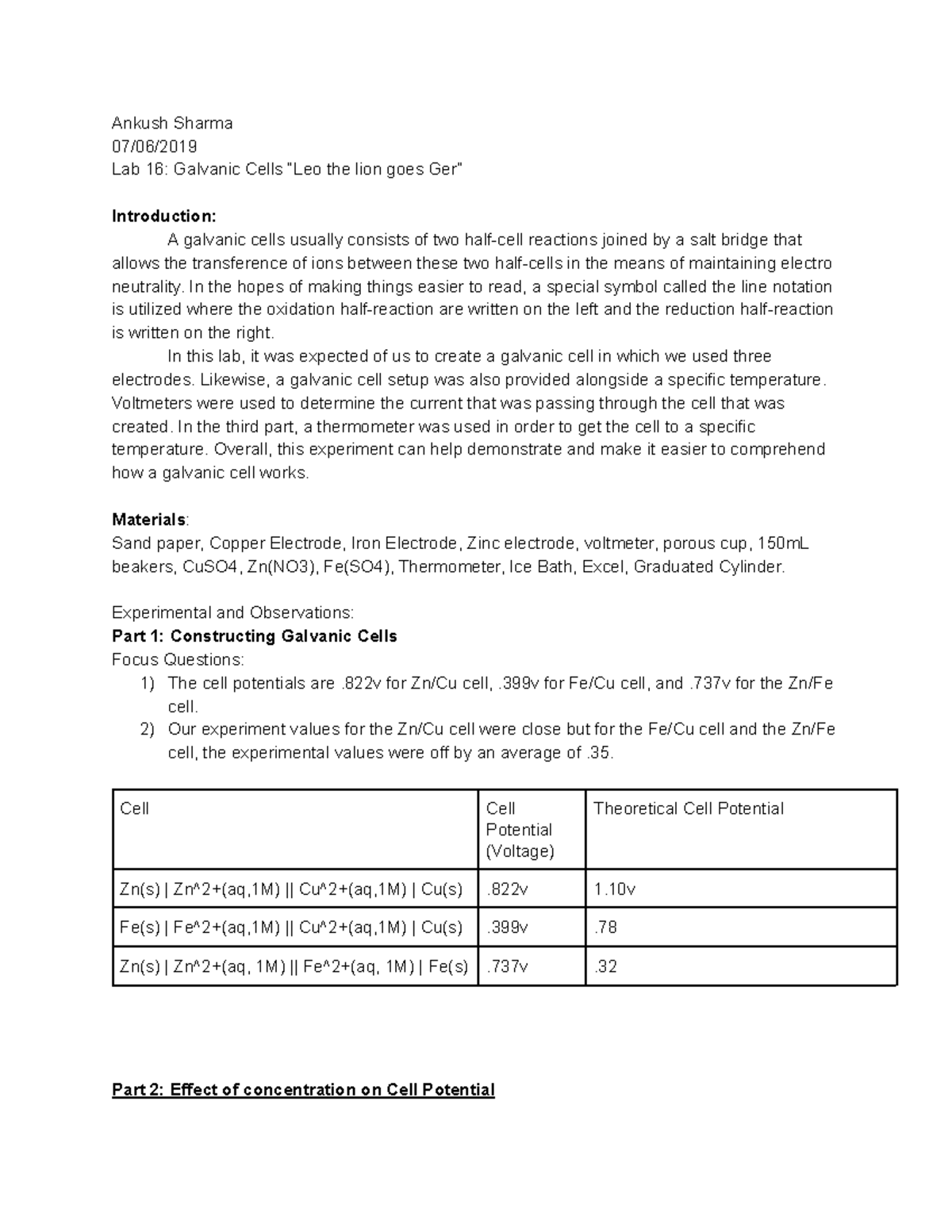 Lab 16- 10600 - LAB - Ankush Sharma 07/06/ Lab 16: Galvanic Cells “Leo ...