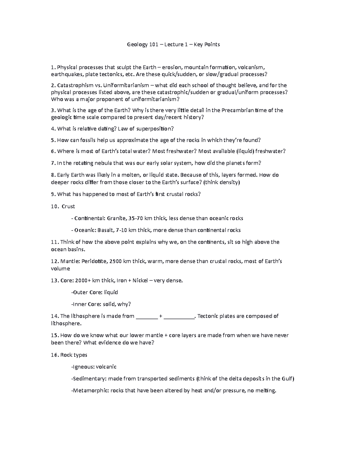 Lecture one - Geology 101 – Lecture 1 – Key Points Physical processes ...