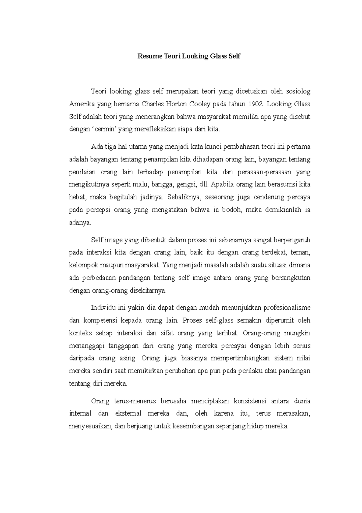 Teori Looking Glass Self - Resume Teori Looking Glass Self Teori looking glass self merupakan ...