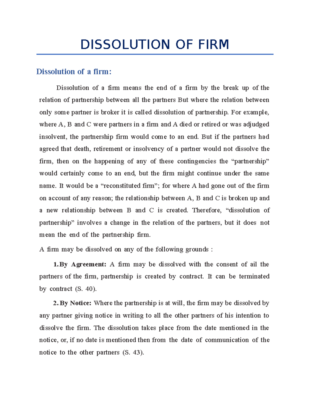 Dissolution OF FIRM - DISSOLUTION OF FIRM Dissolution of a firm ...