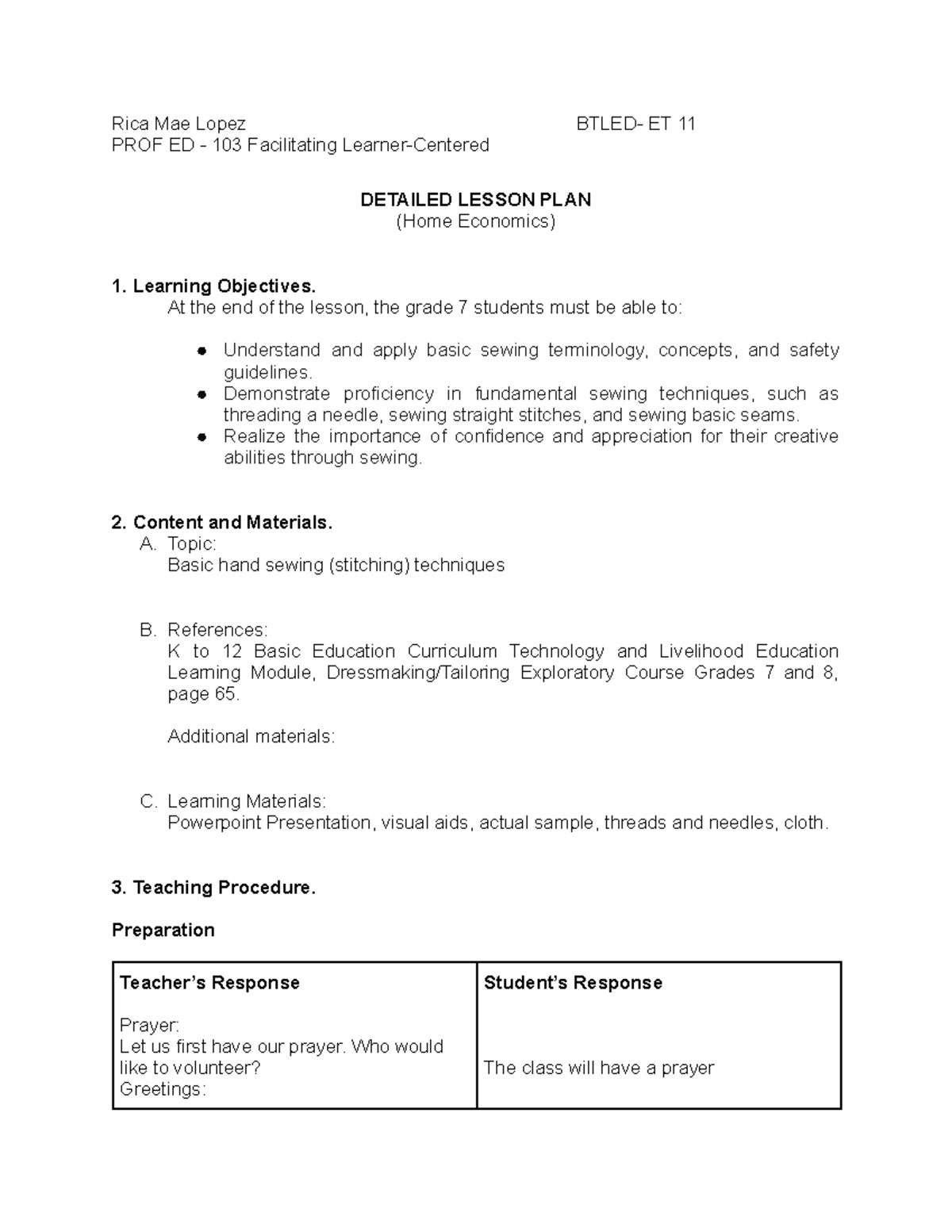 BTLED Lesson Plant - Rica Mae Lopez BTLED- ET 11 PROF ED - 103 ...