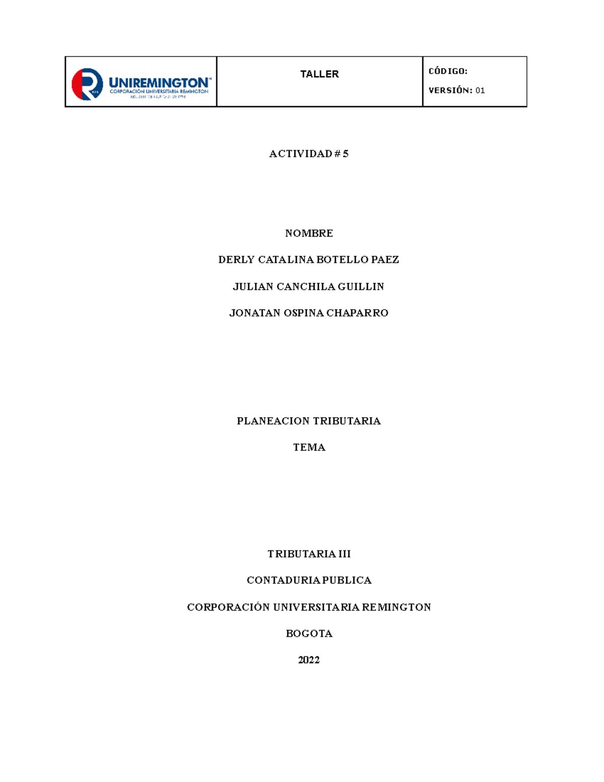 Actividad 5 - tarea - VERSIÓN: 01 ACTIVIDAD # 5 NOMBRE DERLY CATALINA ...