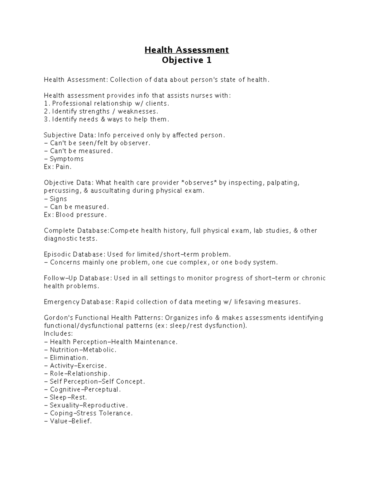 Health Assessment Notes - Health Assessment Objective 1 Health ...