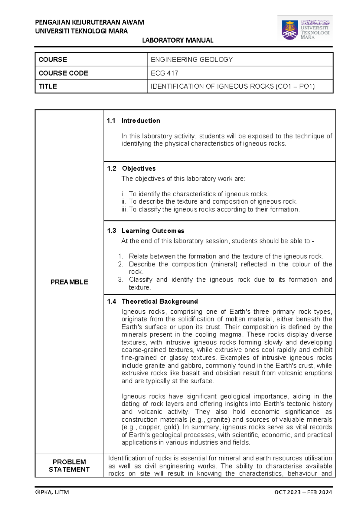 Igneous rock lab - UNIVERSITI TEKNOLOGI MARA LABORATORY MANUAL COURSE ...