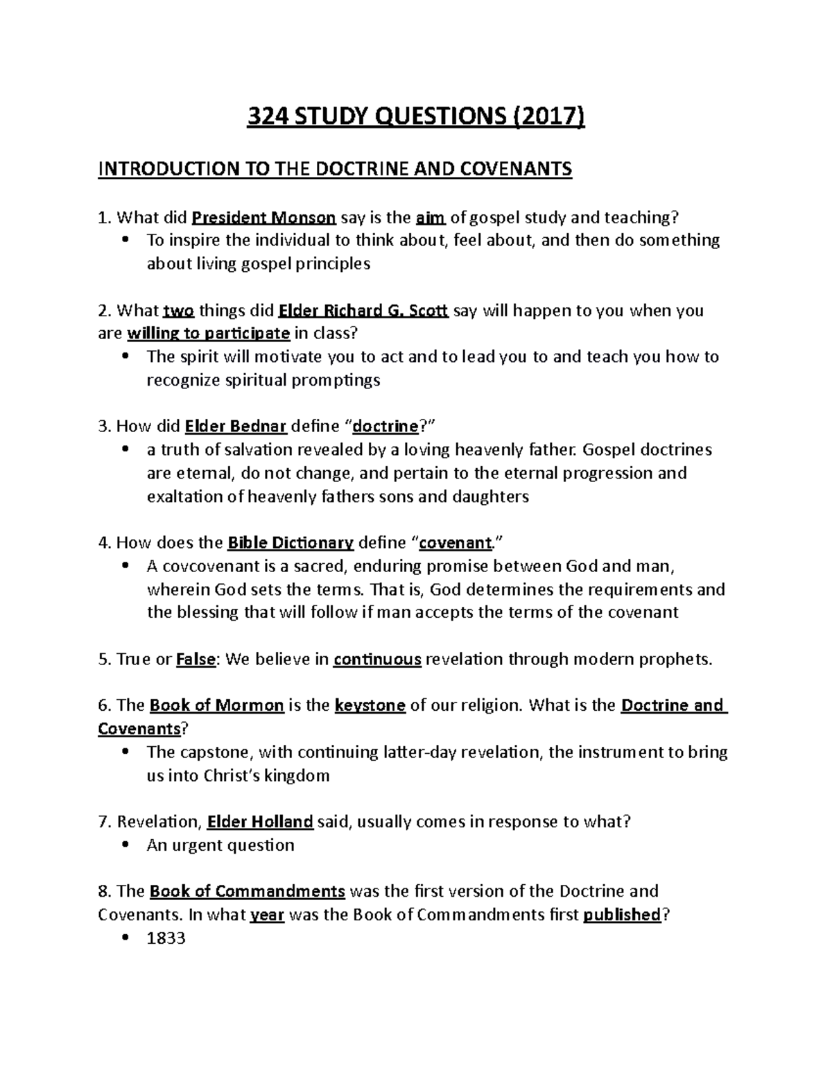 Doctrine and Covenants study guide - 324 STUDY QUESTIONS (2017 ...