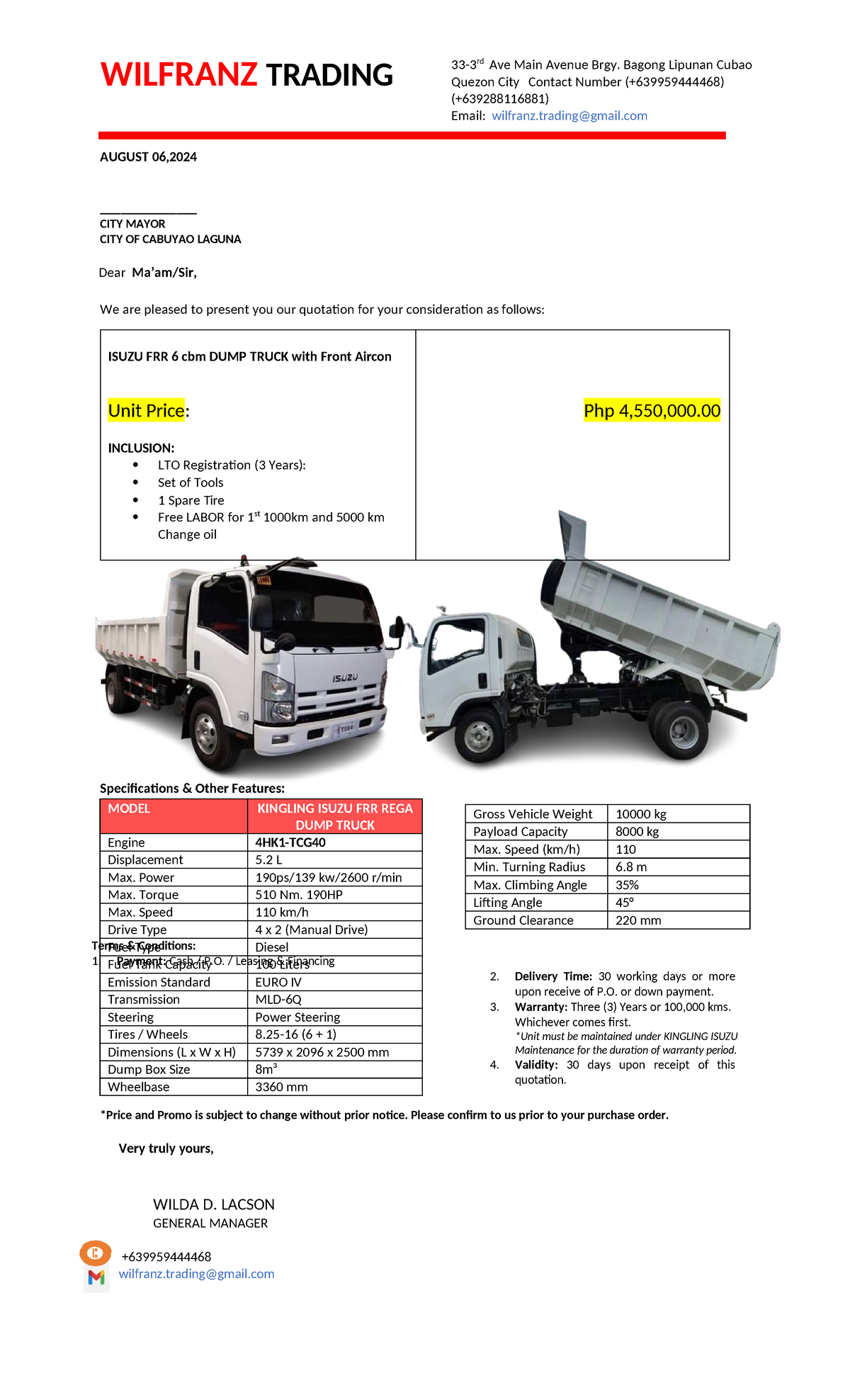 Dump truck - example quotation - Specifications & Other Features ...