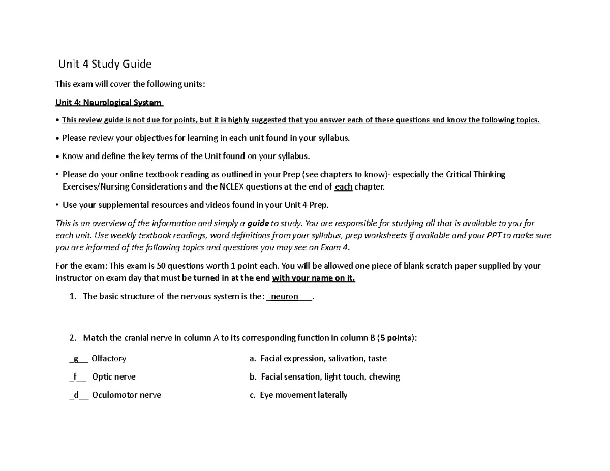 Study guide questions for unit 5 adul - Unit 4 Study Guide This exam ...