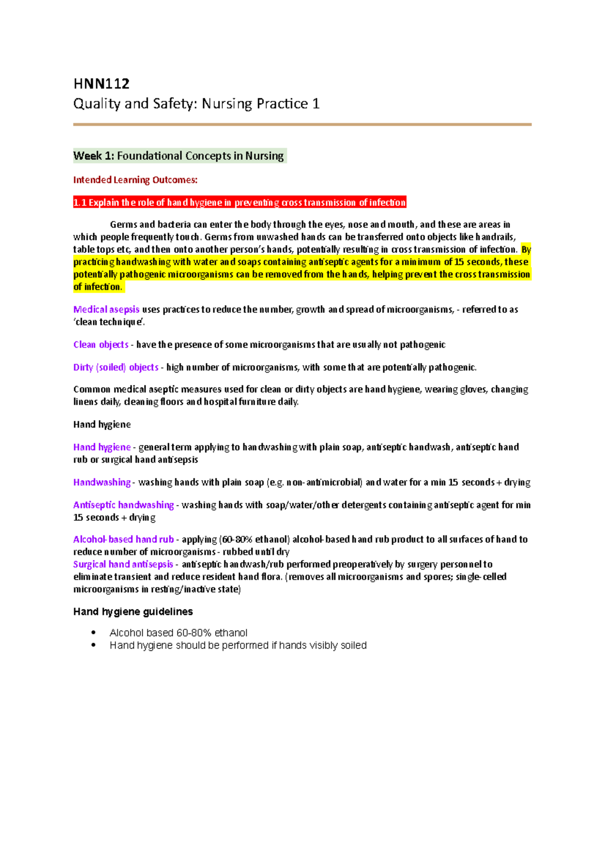 HNN112 notes - HNN Quality and Safety: Nursing Practice 1 Week 1 ...