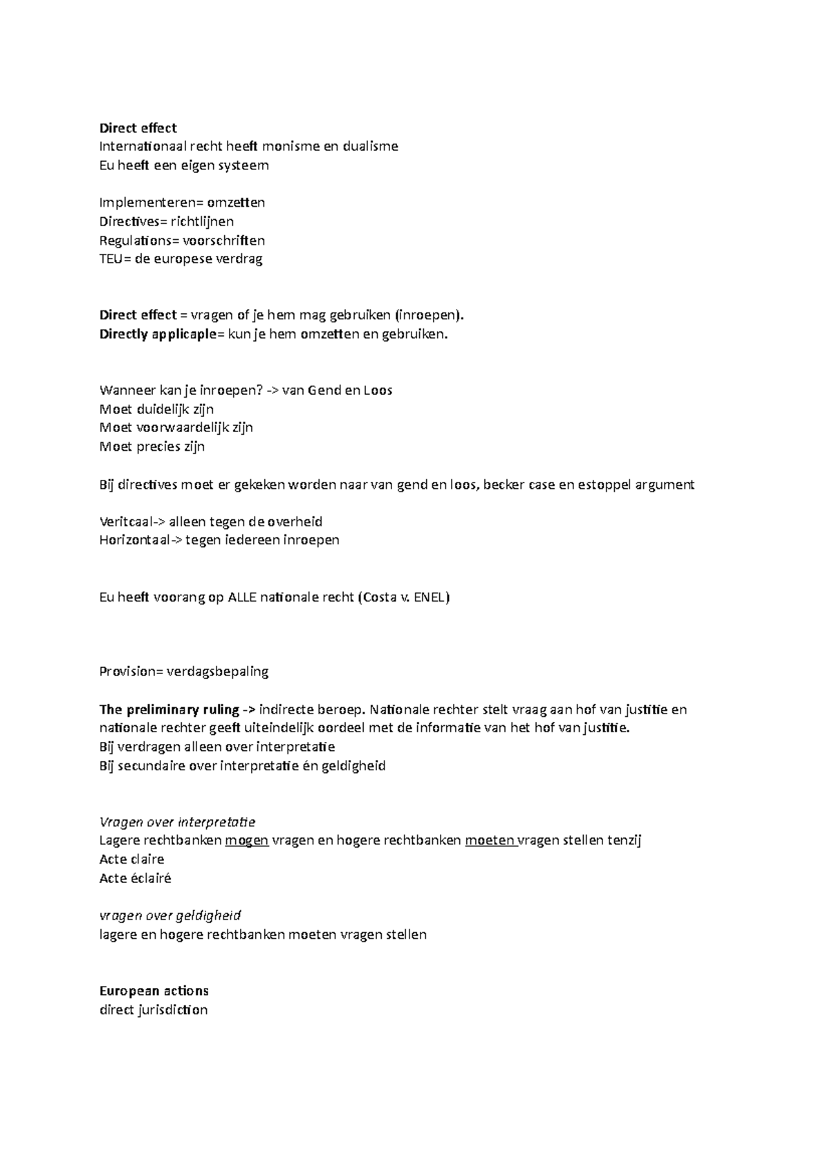 Aantekeningen eu recht cursus - Direct effect Internationaal recht ...