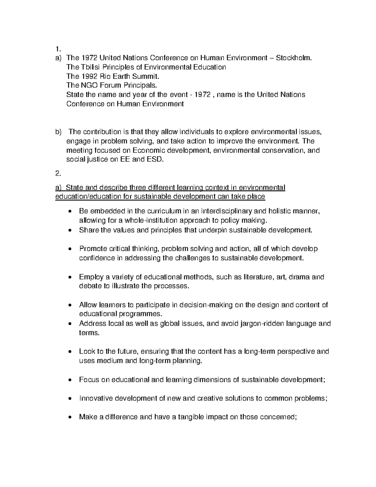 Eed2601 - 1. a) The 1972 United Nations Conference on Human Environment ...