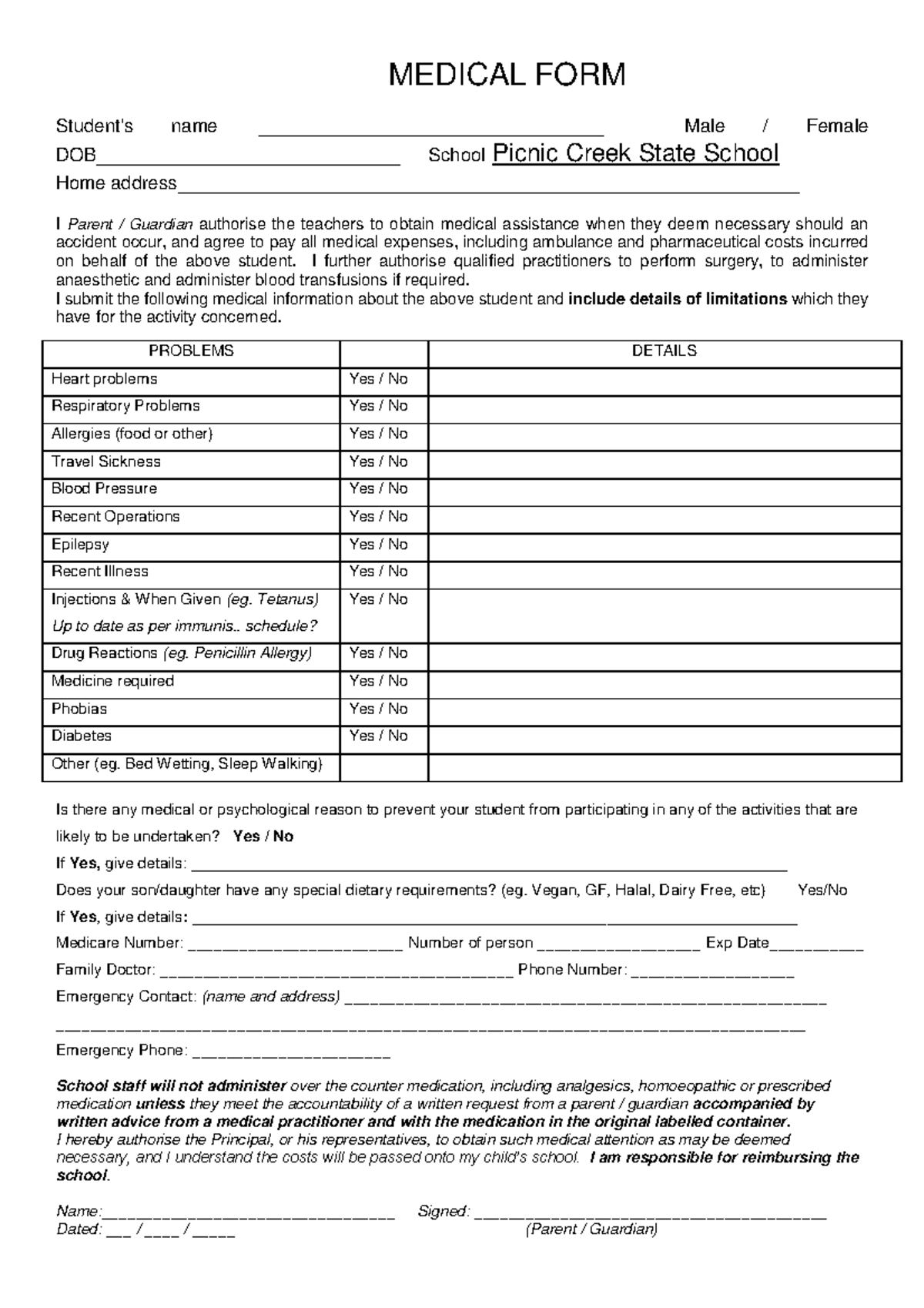 Yr 5 Camp Form- Student Medical 1 - MEDICAL FORM Student's name
