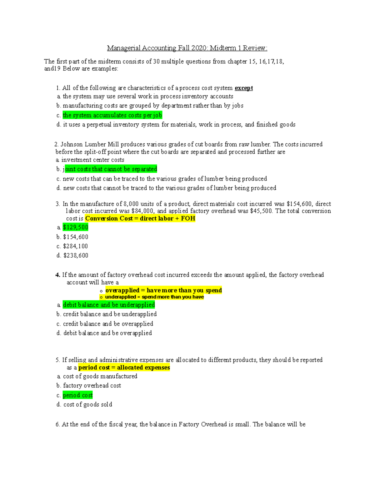 MA Fall 2020 Review 1 - Practice naterial - Managerial Accounting Fall 2020: Midterm 1 Review ...