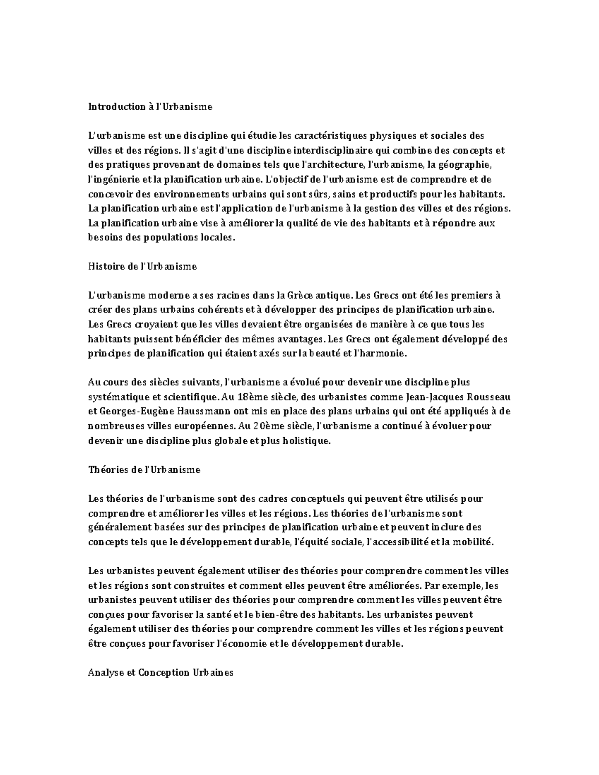 Urbanisme Notes de cours - Introduction à l'Urbanisme L’urbanisme est ...