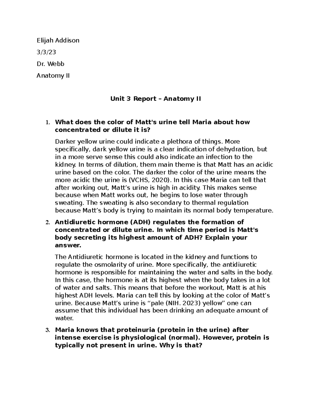 Unit 3 Report – Anatomy II - BSC2094C - USF - Studocu