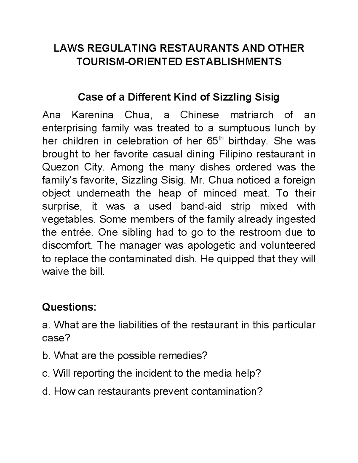 LAWS Regulating Restaurants AND Other Tourism - LAWS REGULATING ...