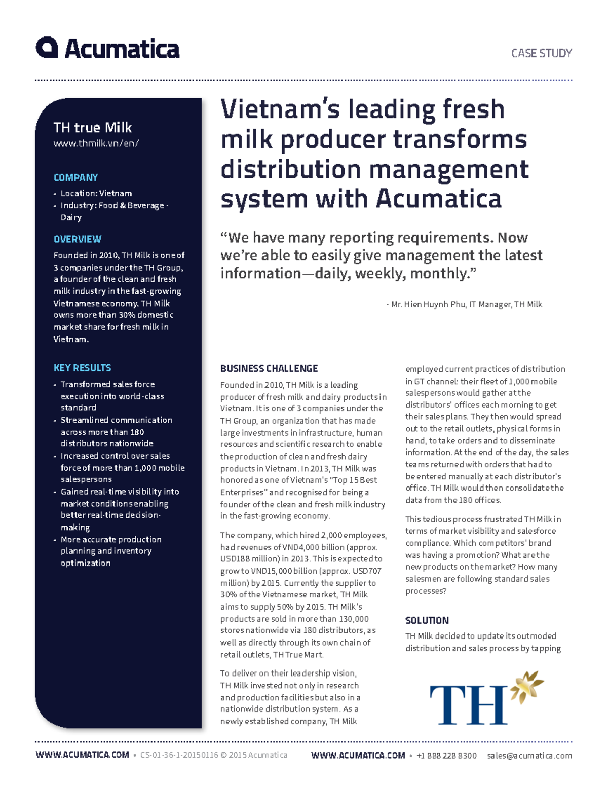 TH Milk Acumatica Case Study - CASE STUDY WWW.ACUMATICA • CS-01-36-1-20150116 © 2015 Acumatica ...