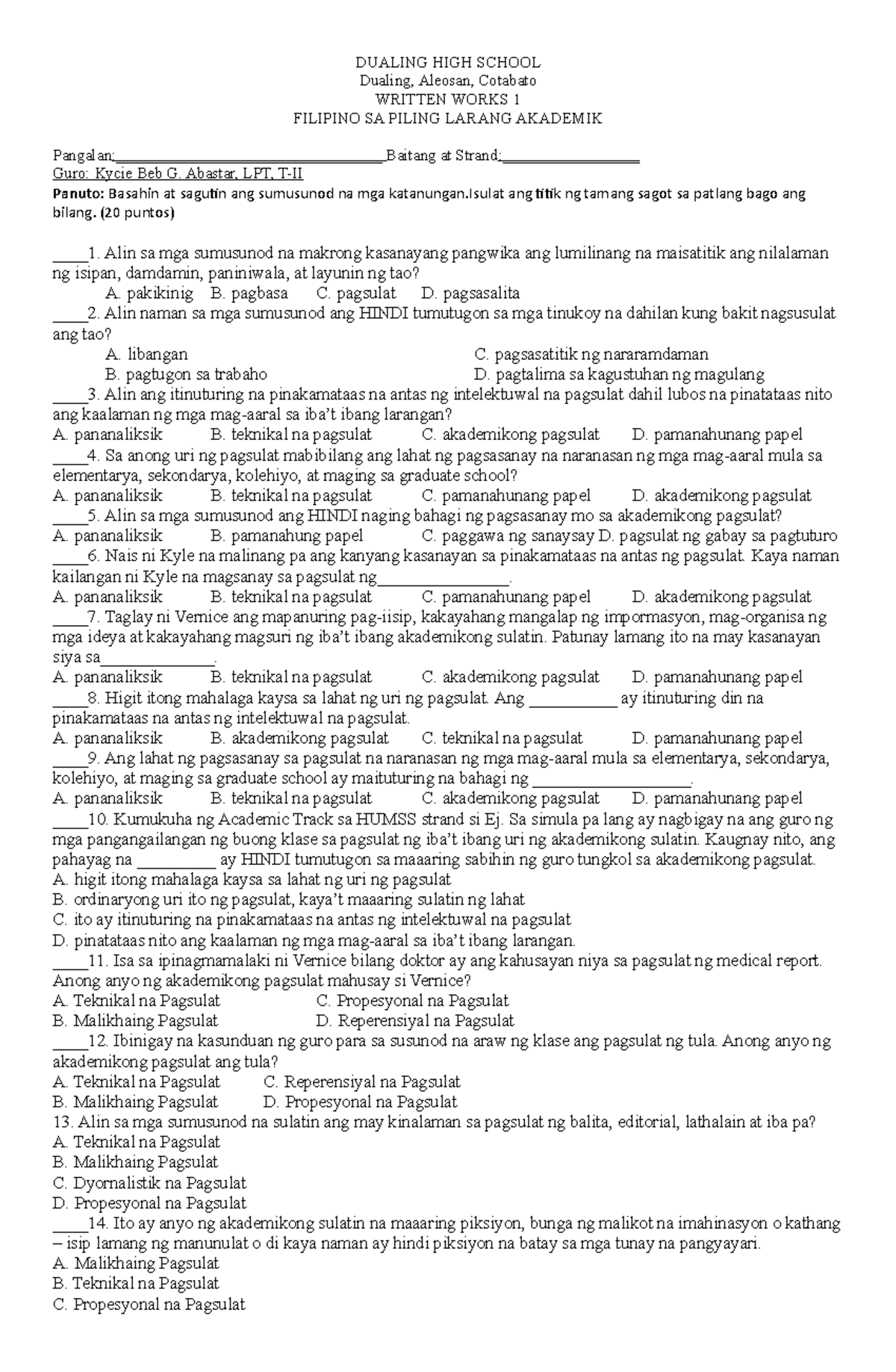 written work and performance task - DUALING HIGH SCHOOL Dualing ...