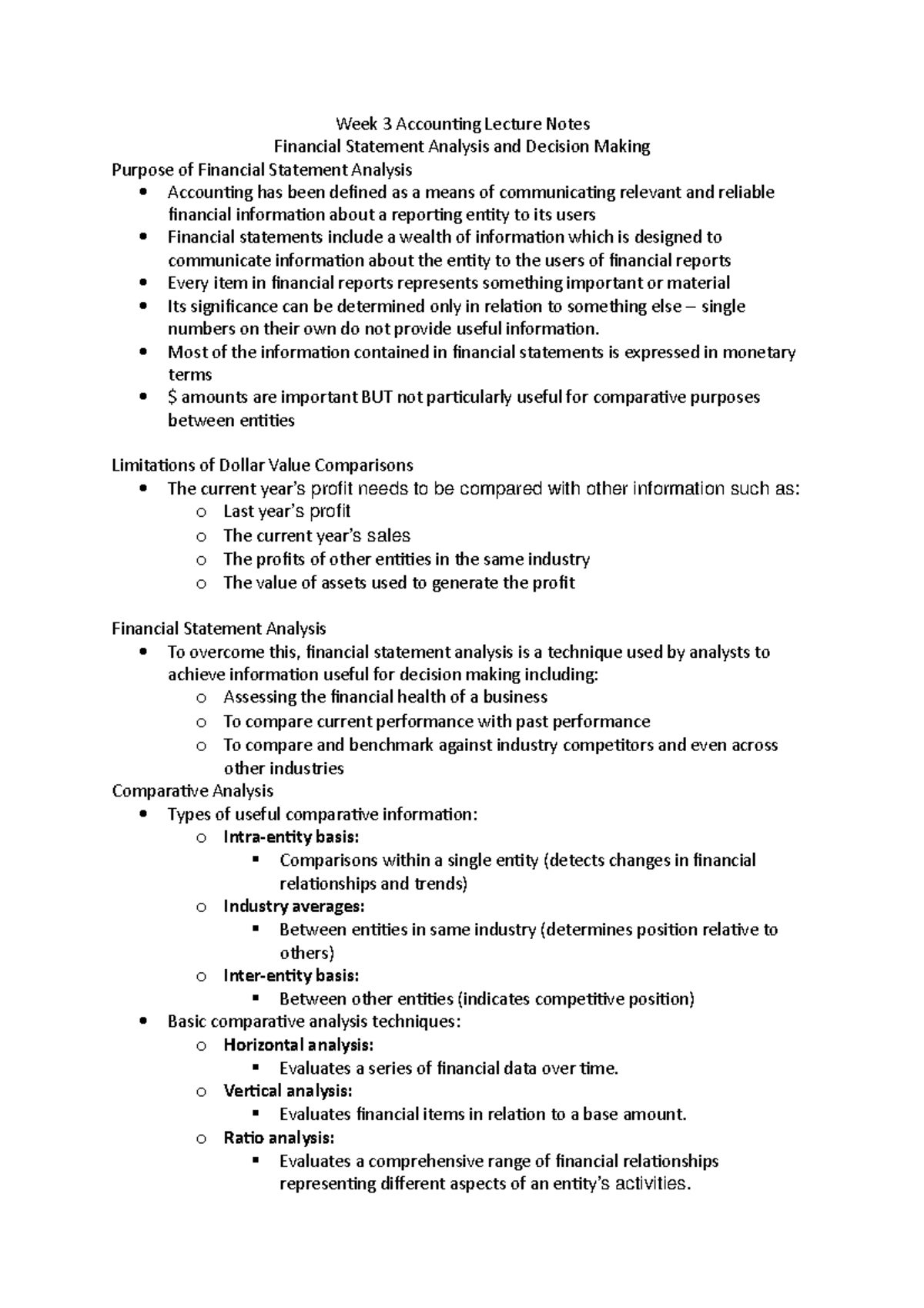 Week 3 Accounting Lecture Notes Week 3 Accounting Lecture Notes Financial Statement Analysis