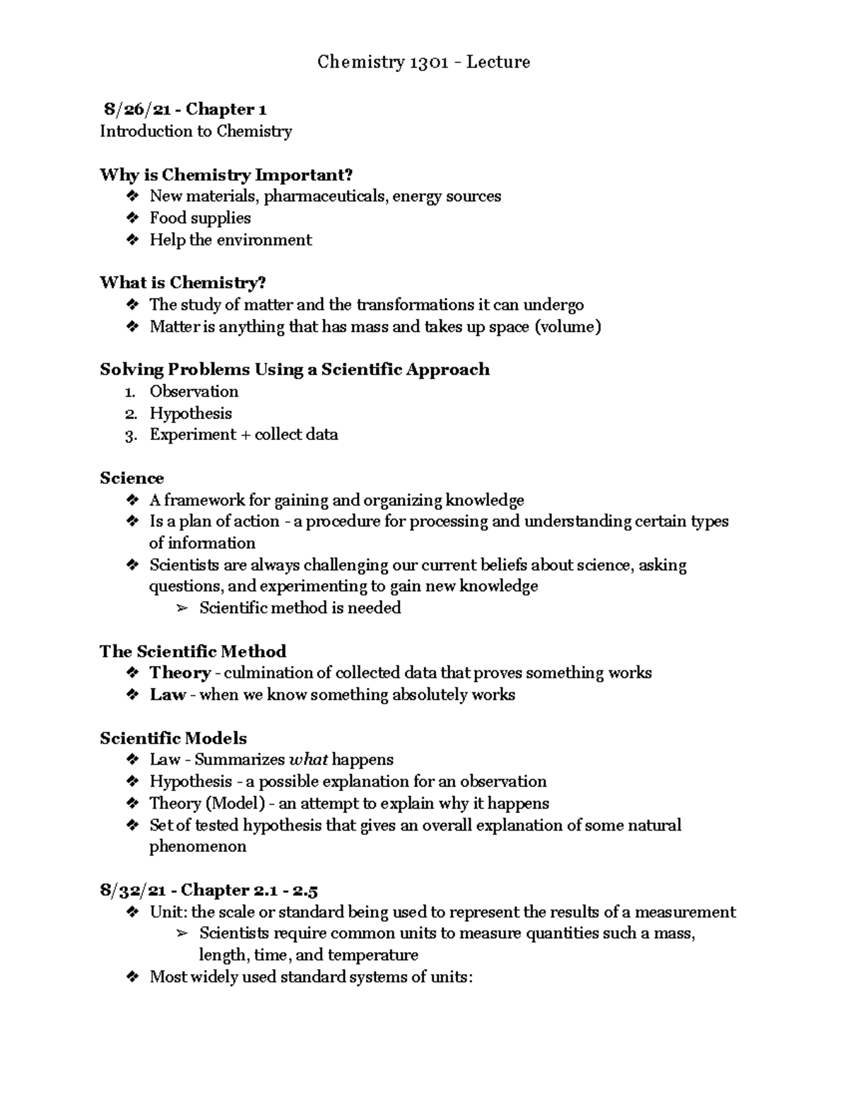 Chemistry 1301 - Notes from Lecture - 8/26/21 - Chapter 1 Introduction ...