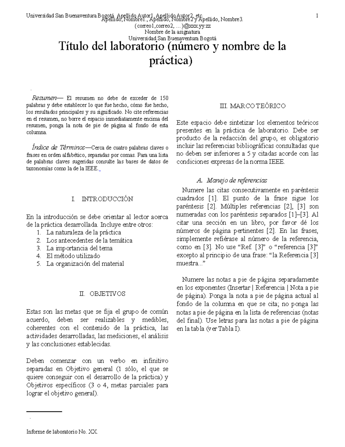 Formato laboratorio preinforme IEEE - Universidad San Buenaventura Bogotá. Apellido Autor1 ...