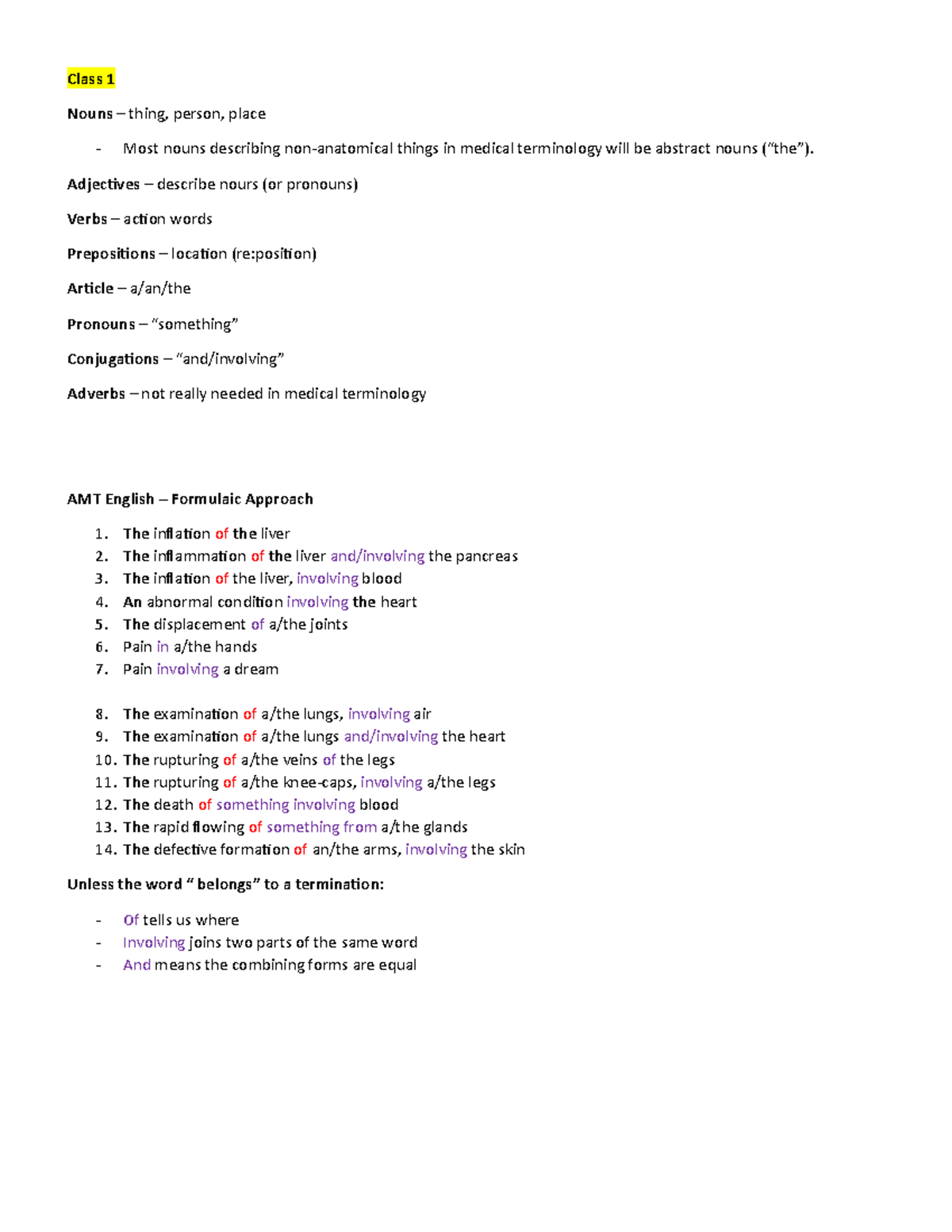 AP SN w1 - notes from the first 3 lectures - Class 1 Nouns – thing ...