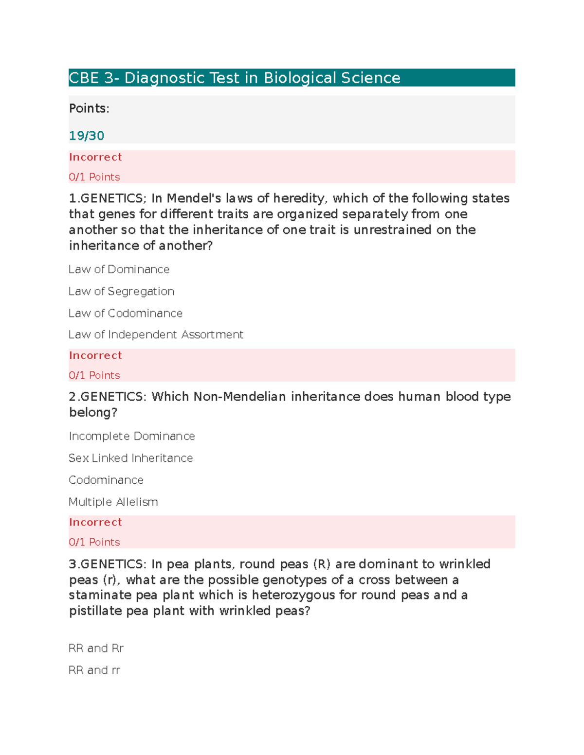 Biology quiz 1 - CBE 3- Diagnostic Test in Biological Science Points ...