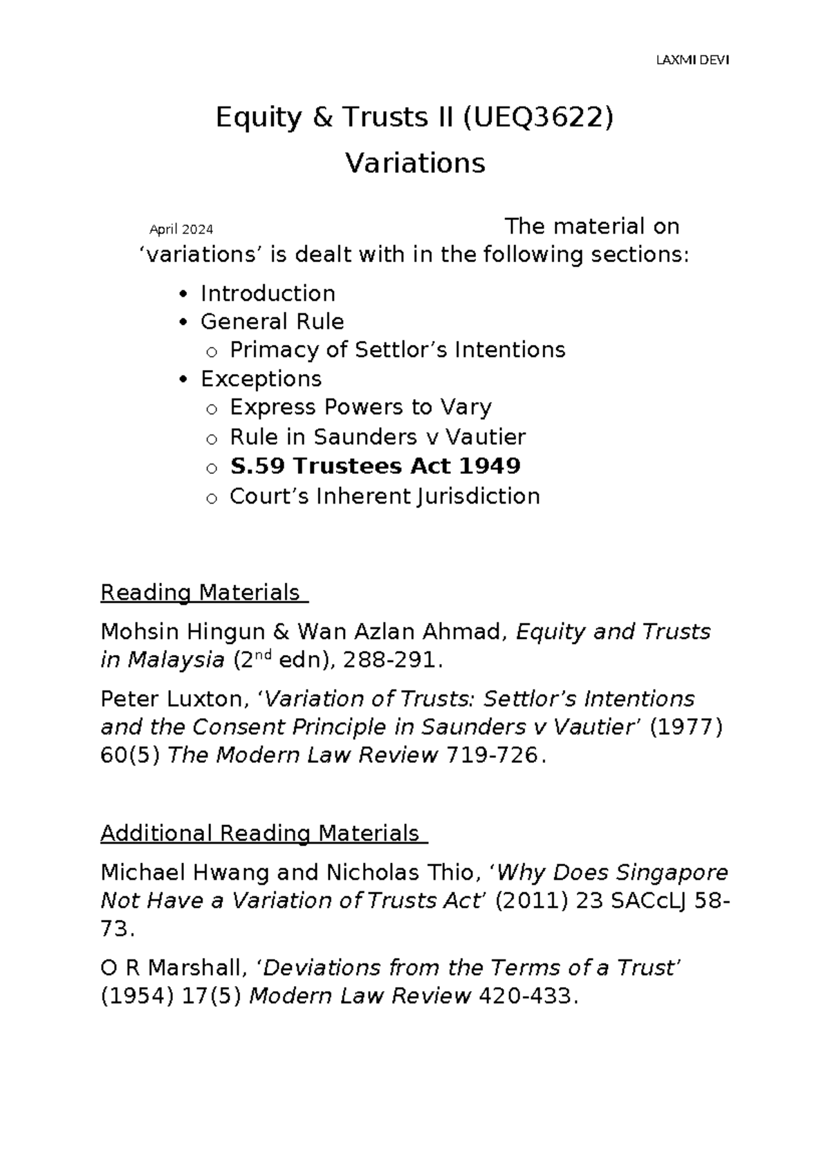 Variation of Trusts Handout - Equity & Trusts II (UEQ3622) Variations ...