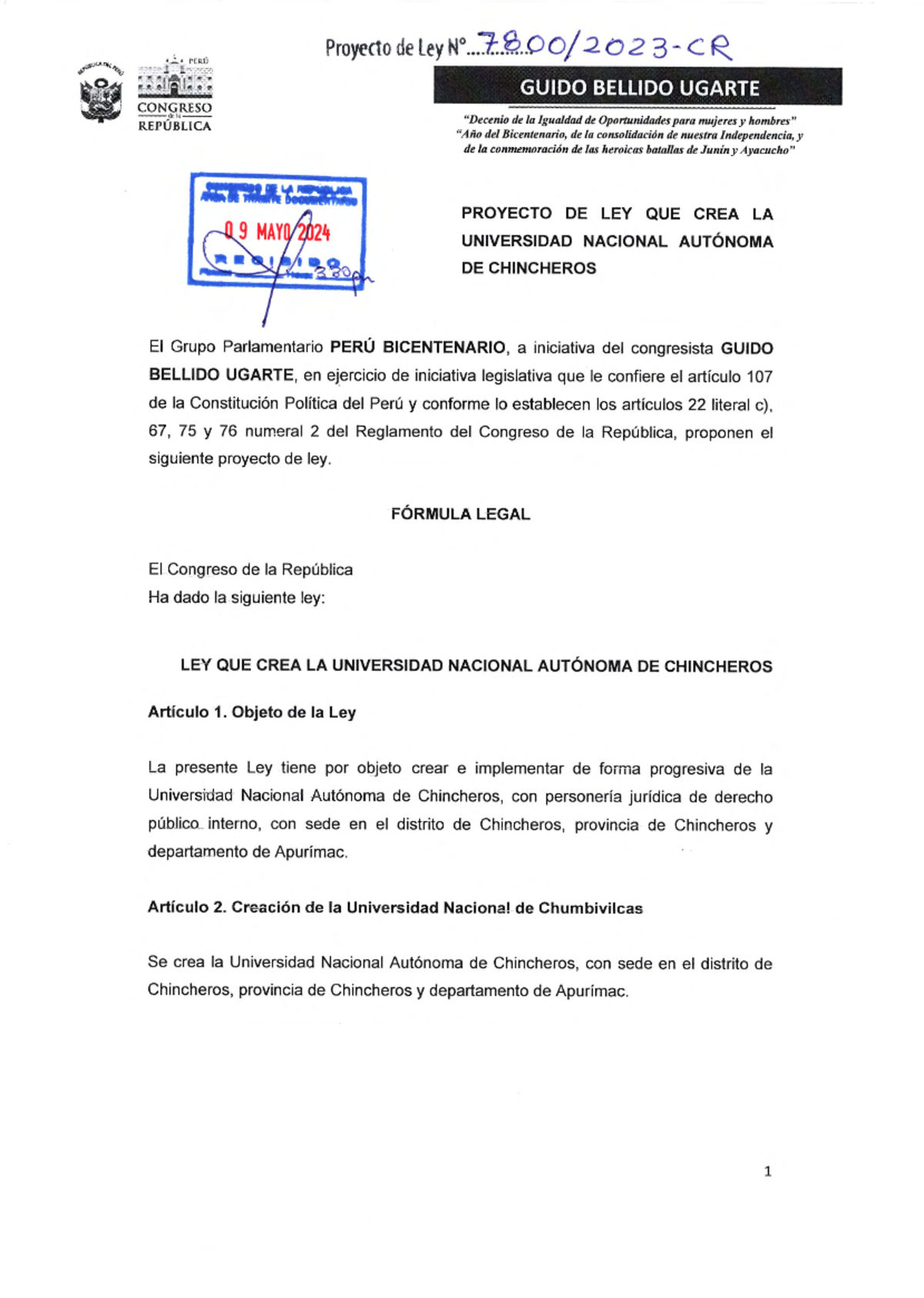 PL0780020240509 - Jdkdkkdkdd - ####### 1 1 2 PERÚ CONGRESO REPÚBLICA Proyecto de ley N° 7 11 0/ ...