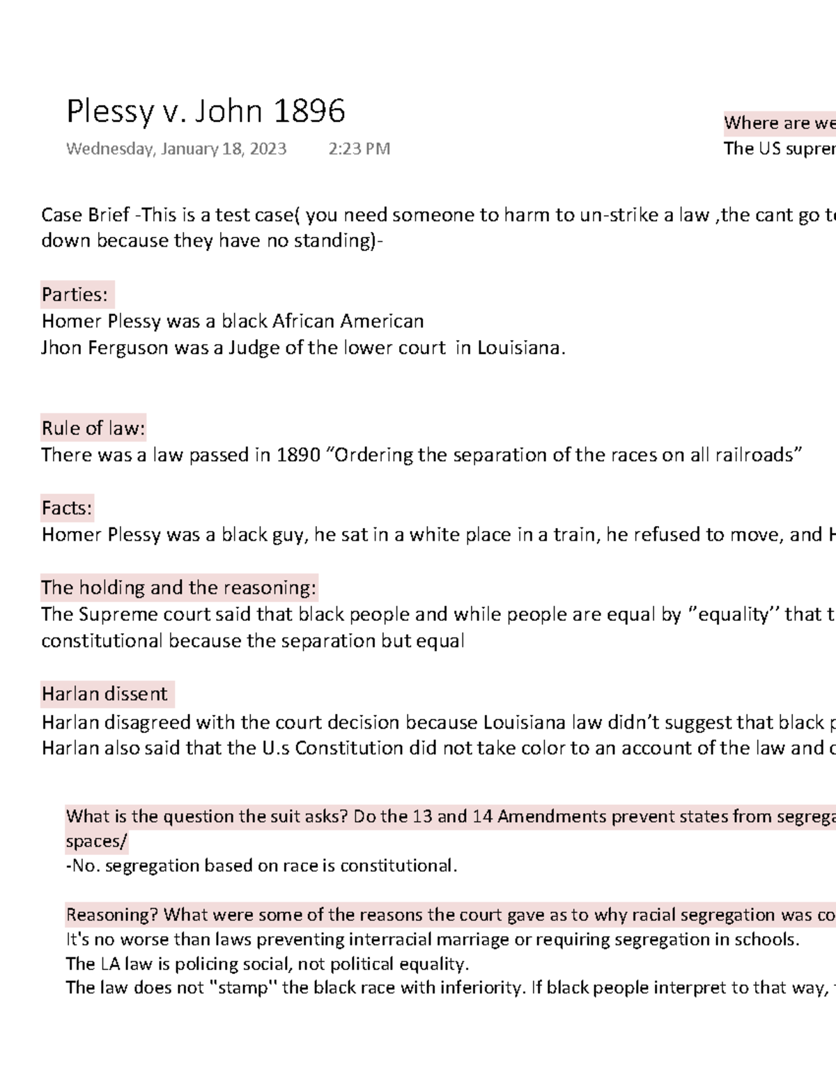 Plessy v. John 1896 - case brief and notes - Case Brief -This is a test ...