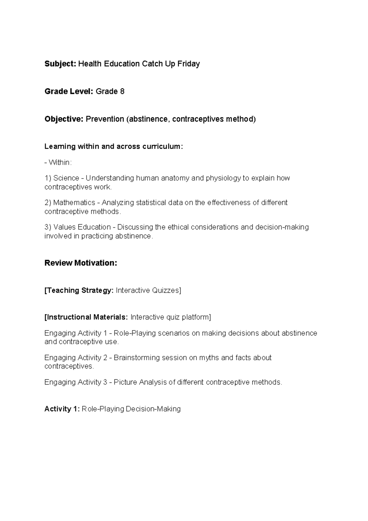 Lesson plan - Subject: Health Education Catch Up Friday Grade Level ...