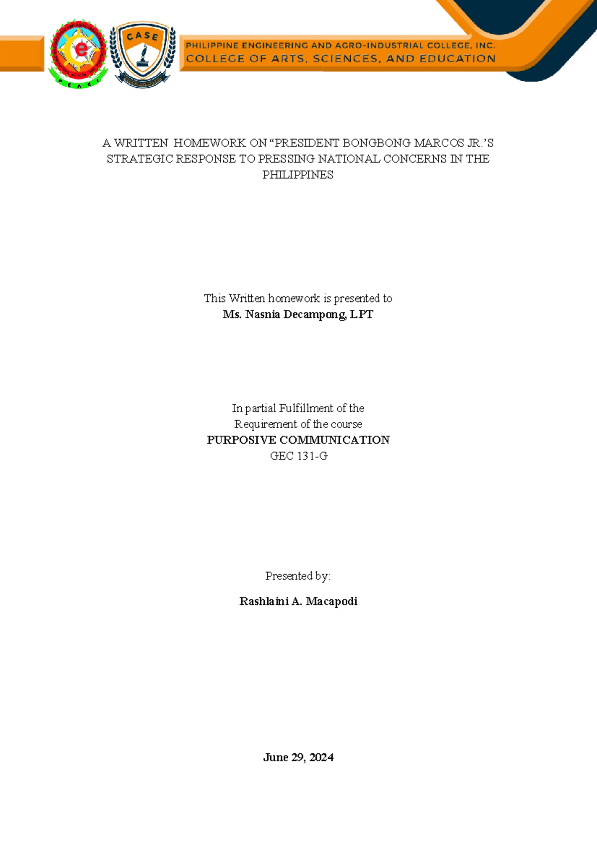 Rash purcom - FOR PURPOSIVE COMMUNICATION - A WRITTEN HOMEWORK ON ...